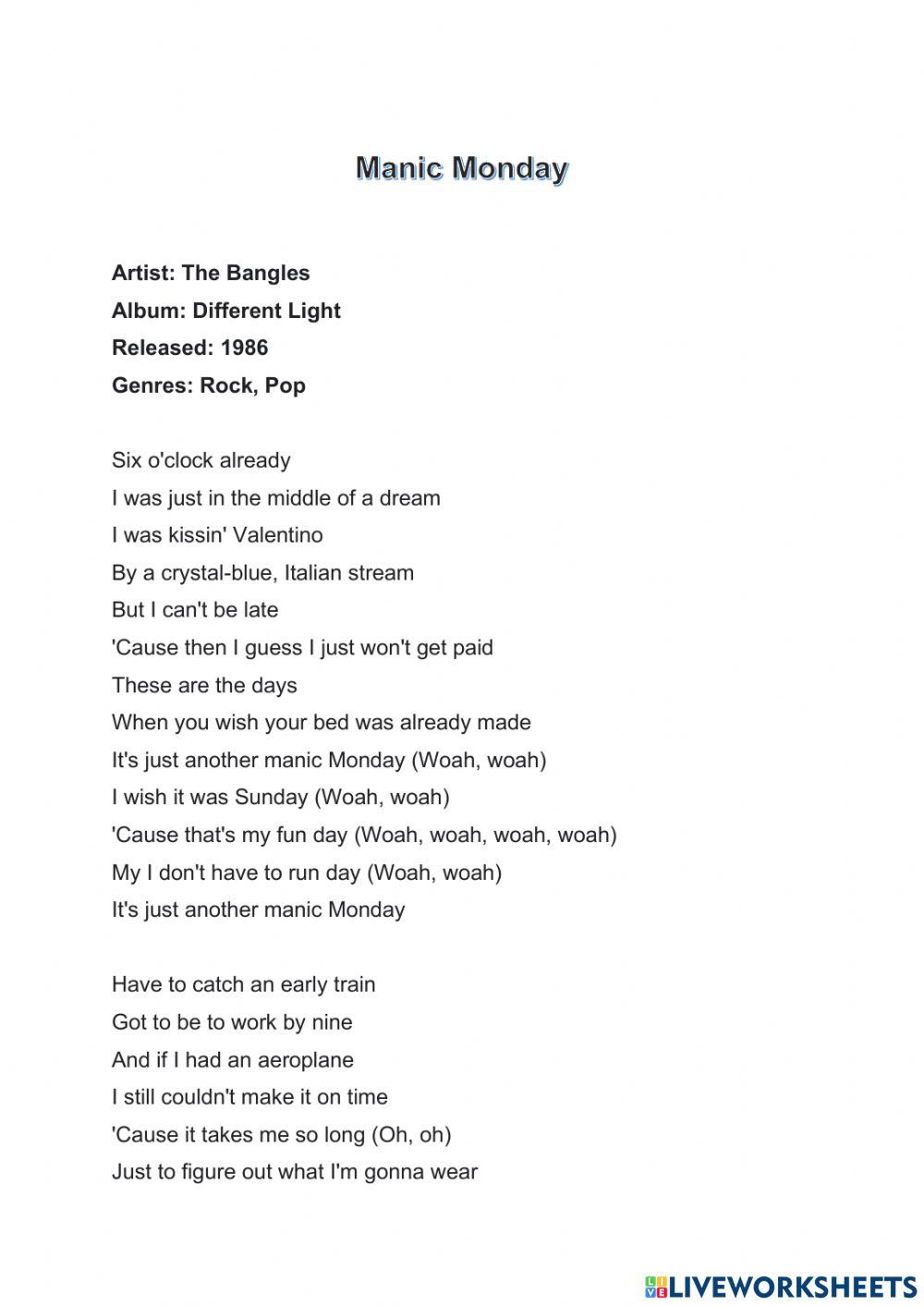 Manic monday 1305717 | P. SHOBHA MENON | Live Worksheets