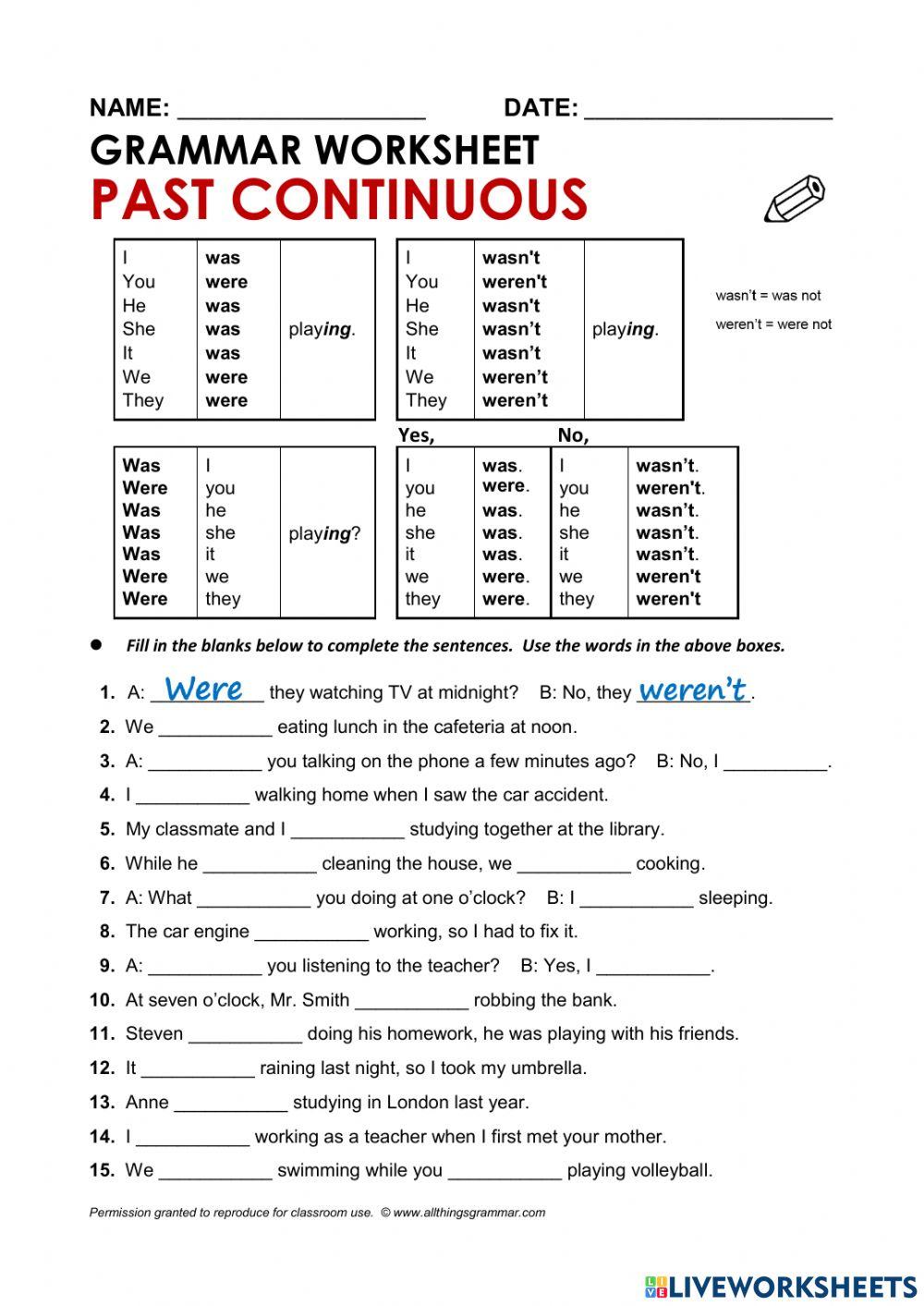 GRAMMAR WORKSHEET PAST CONTINUOUS online exercise for | Live Worksheets