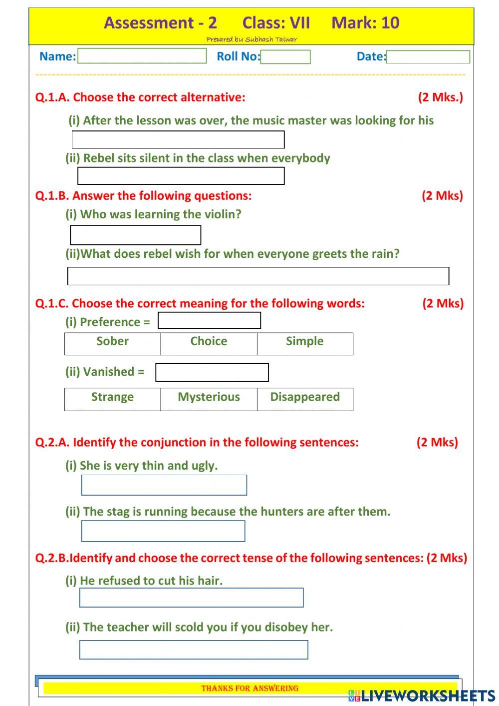Assessment 2 (2) VII worksheet | Live Worksheets