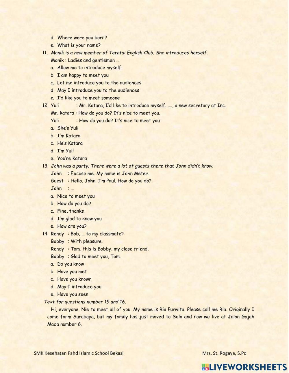 Introduce self | Free Interactive Worksheets | 1306635