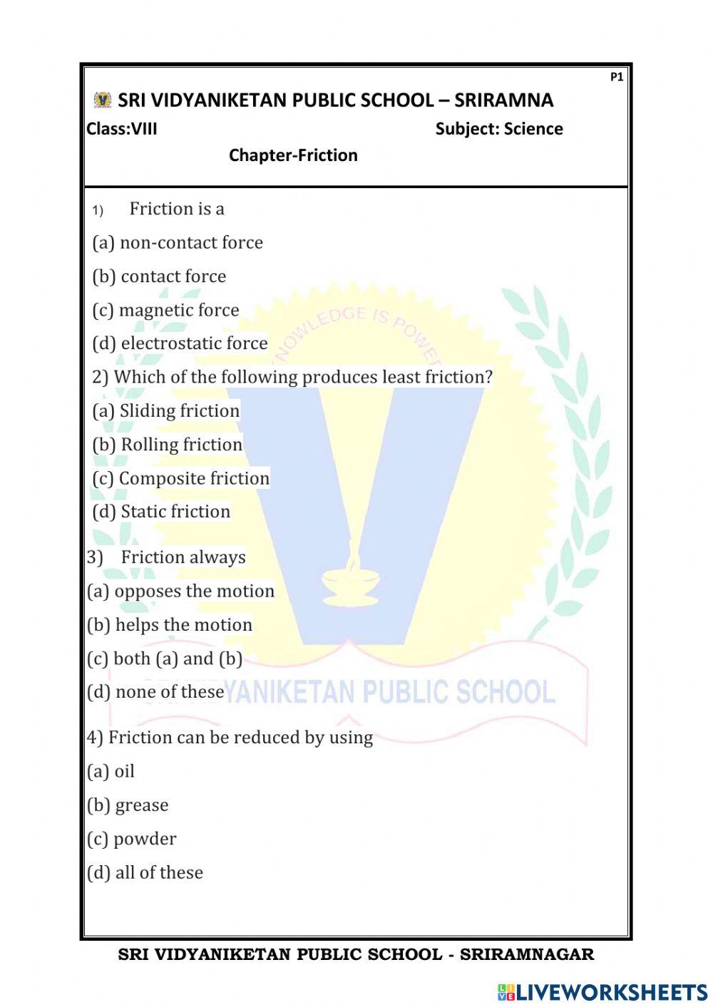 Friction online pdf exercise | Live Worksheets