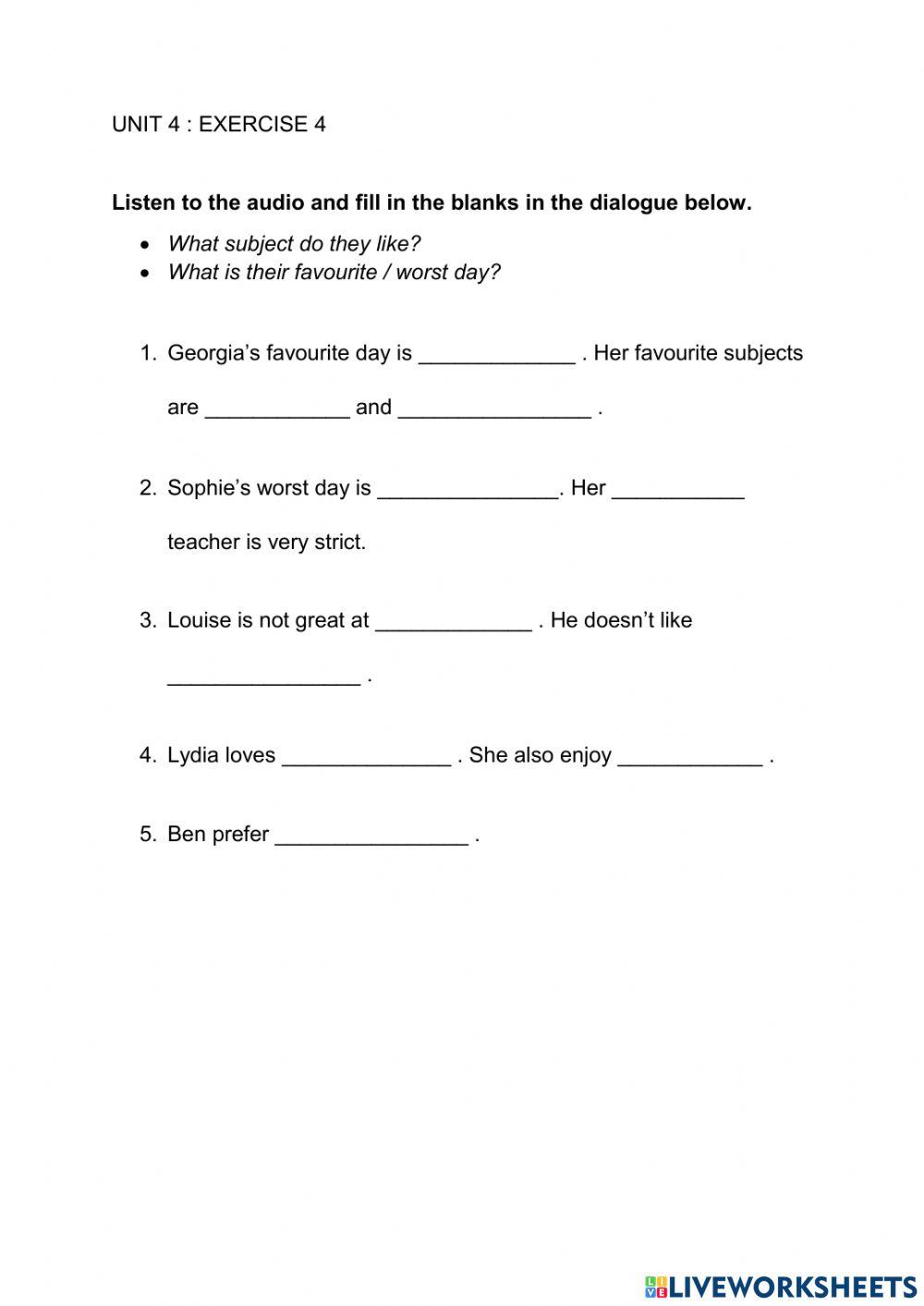 Favourite Subje… | Free Interactive Worksheets | 1307651