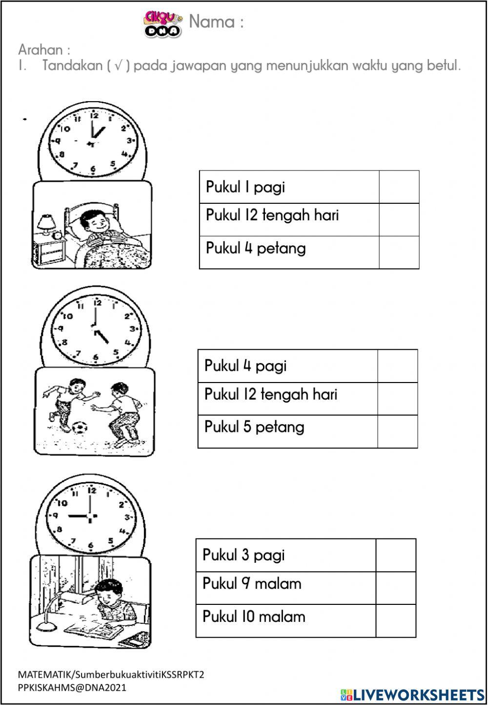 Waktu dan Masa interactive exercise | Live Worksheets