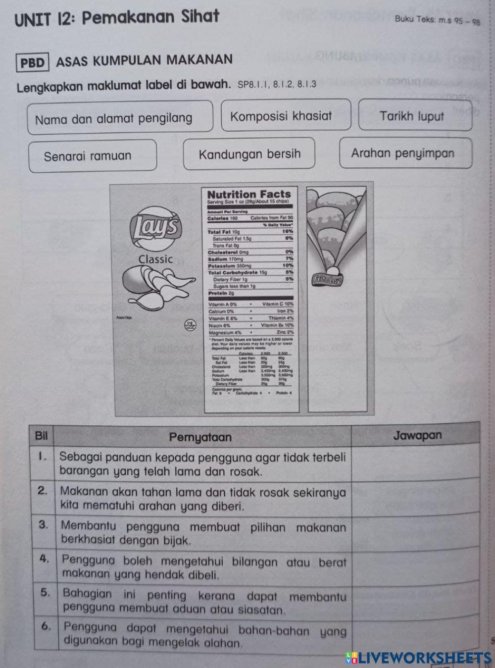 Label Makanan PK Tahun 4 worksheet | Live Worksheets