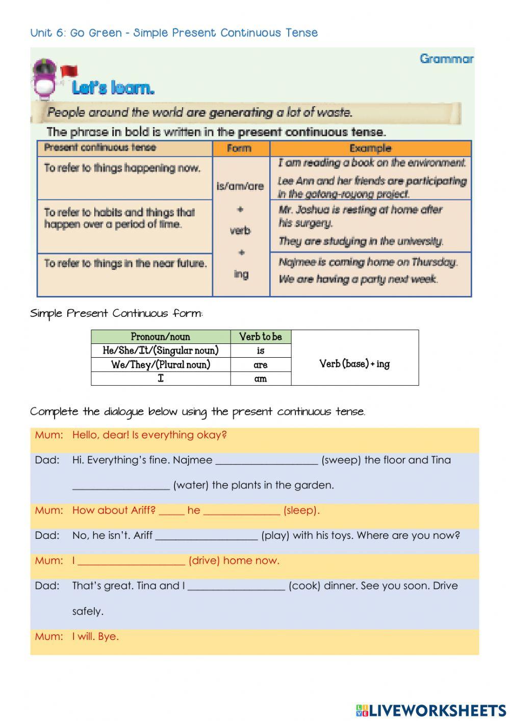 Go Green - Simple Present Continuous Tense worksheet | Live Worksheets