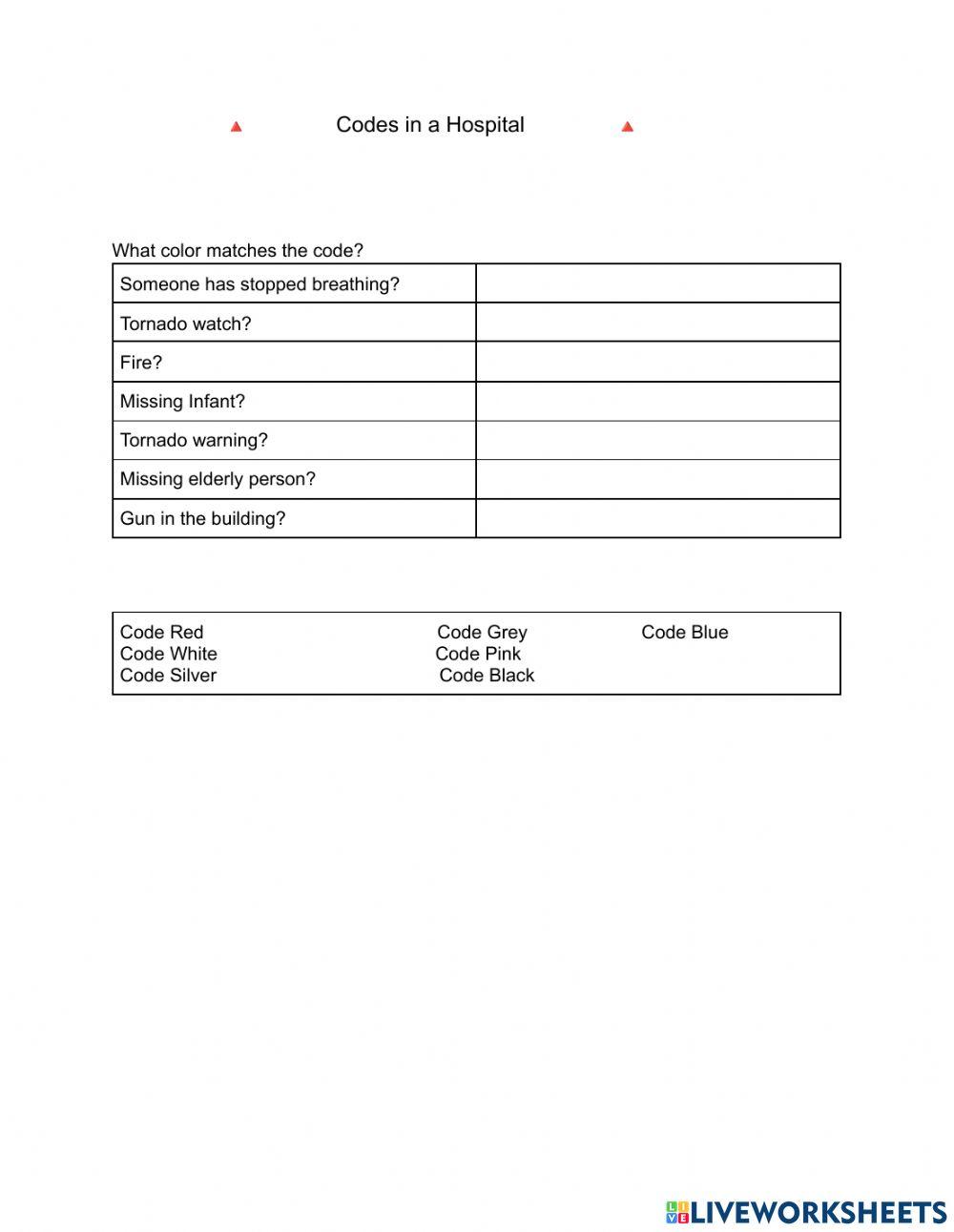 Color Codes in a Hospital worksheet | Live Worksheets