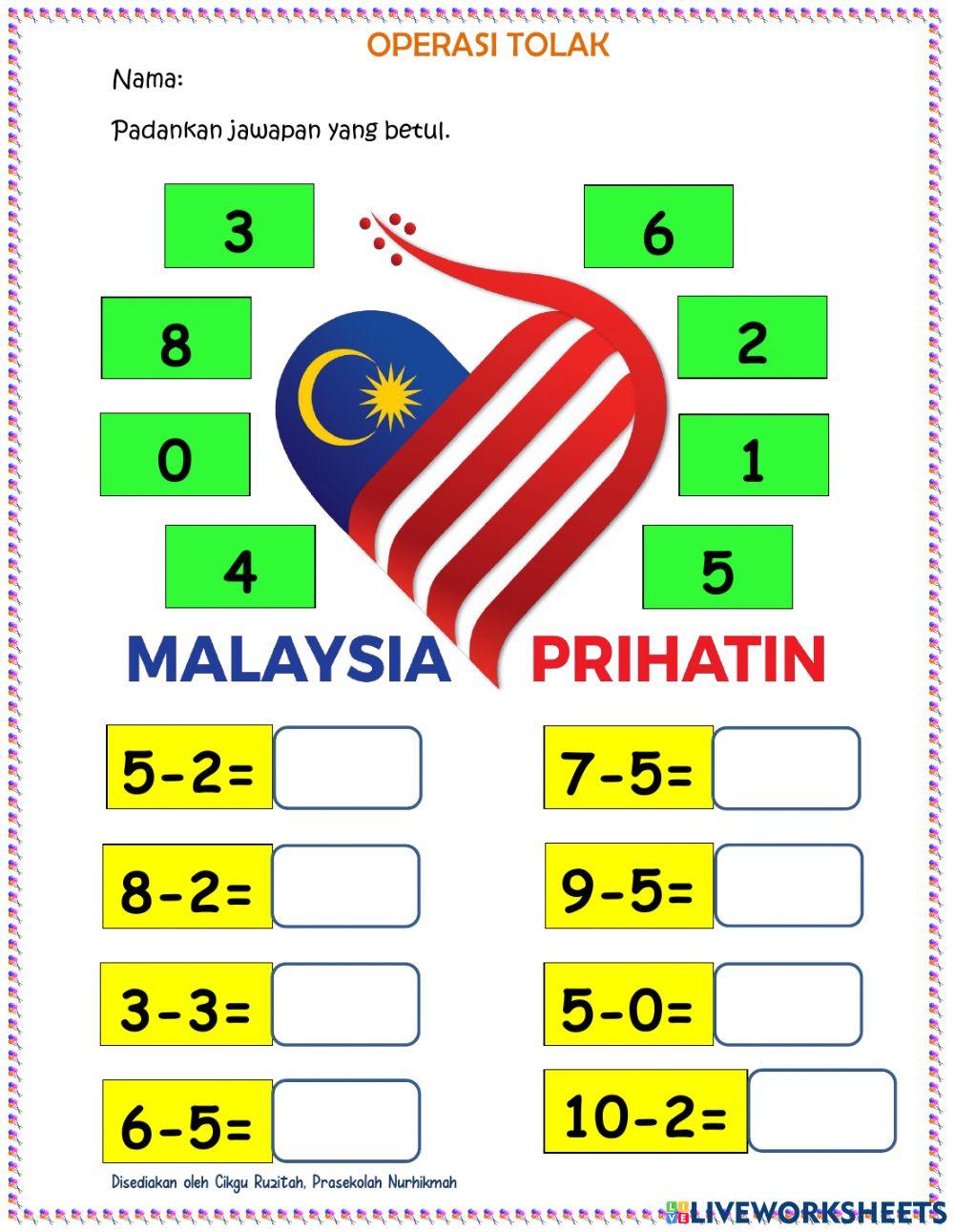 Operasi tolak | Ruzita5030 | Live Worksheets