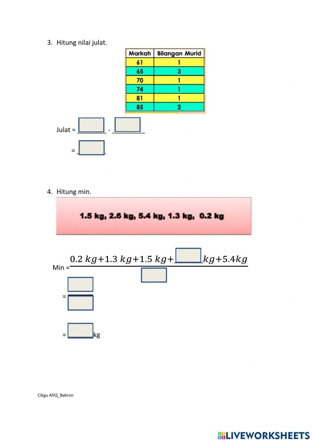 Menentukan nilai mod, median, julat dan min. worksheet | Live Worksheets
