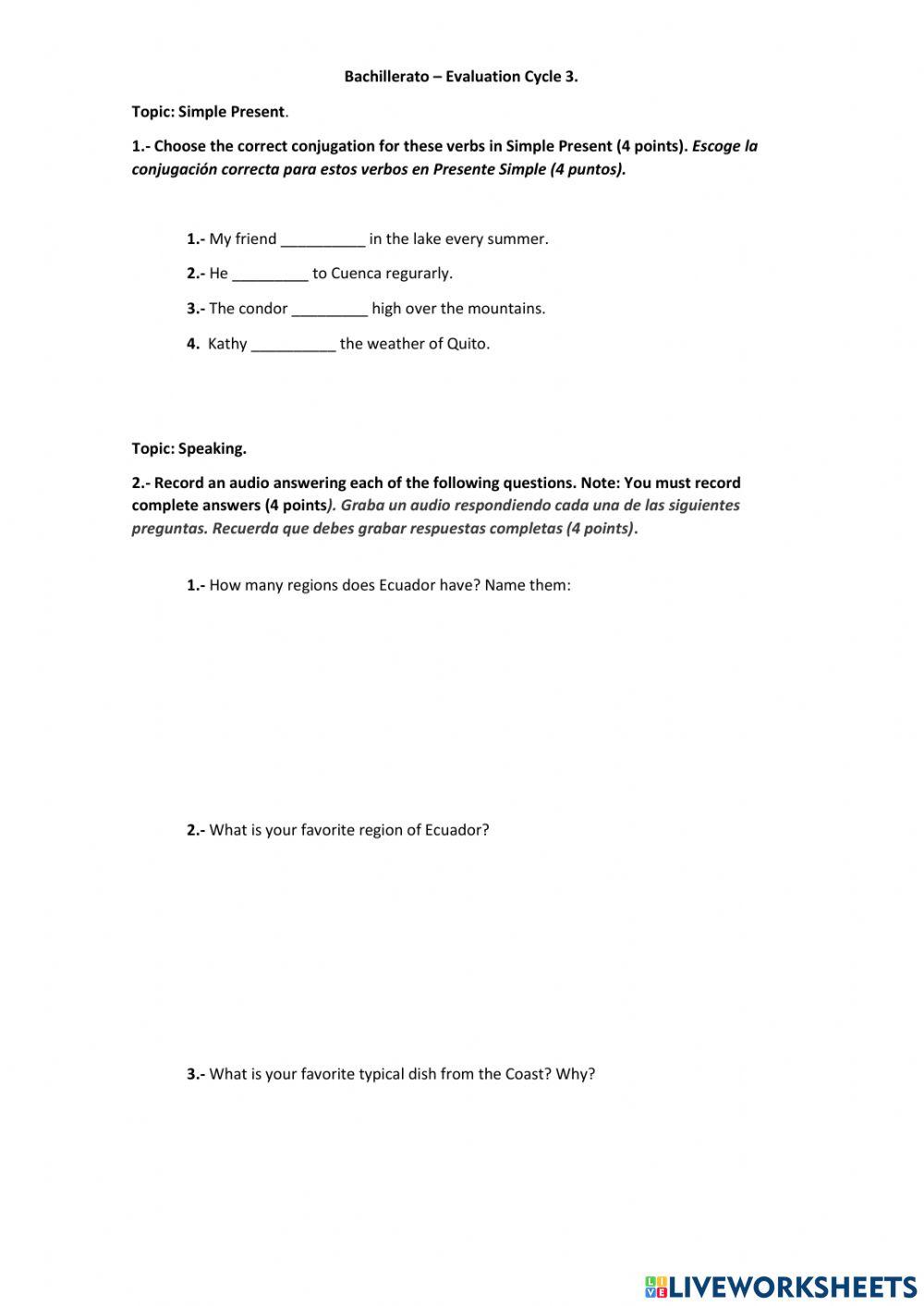 English Evaluation interactive worksheet for Bachillerato | Live Worksheets
