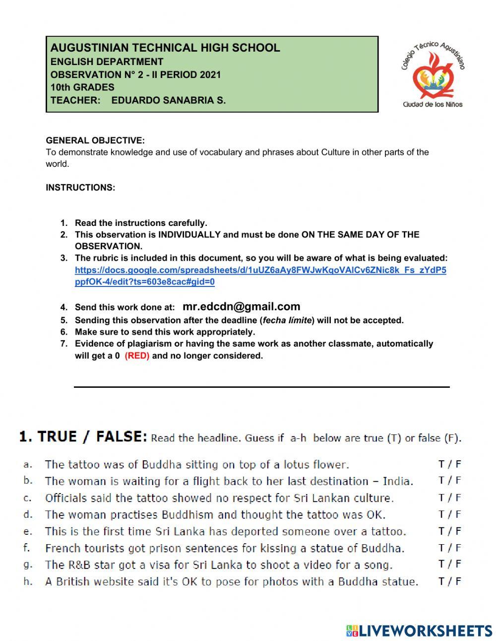 OBSERVATION -2 - 10th GRADES - II PERIOD 2021 worksheet | Live Worksheets