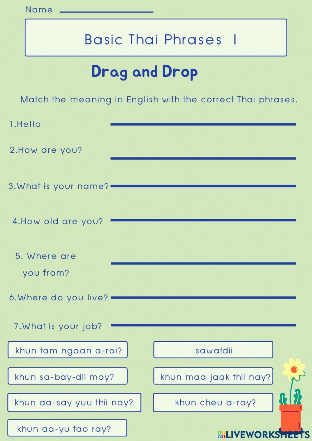 Basic Phrases in Thai worksheet | Live Worksheets