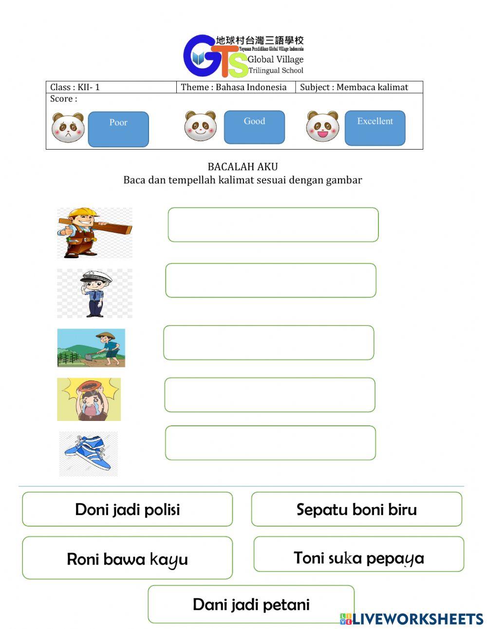 Memasangkan kalimat interactive worksheet | Live Worksheets
