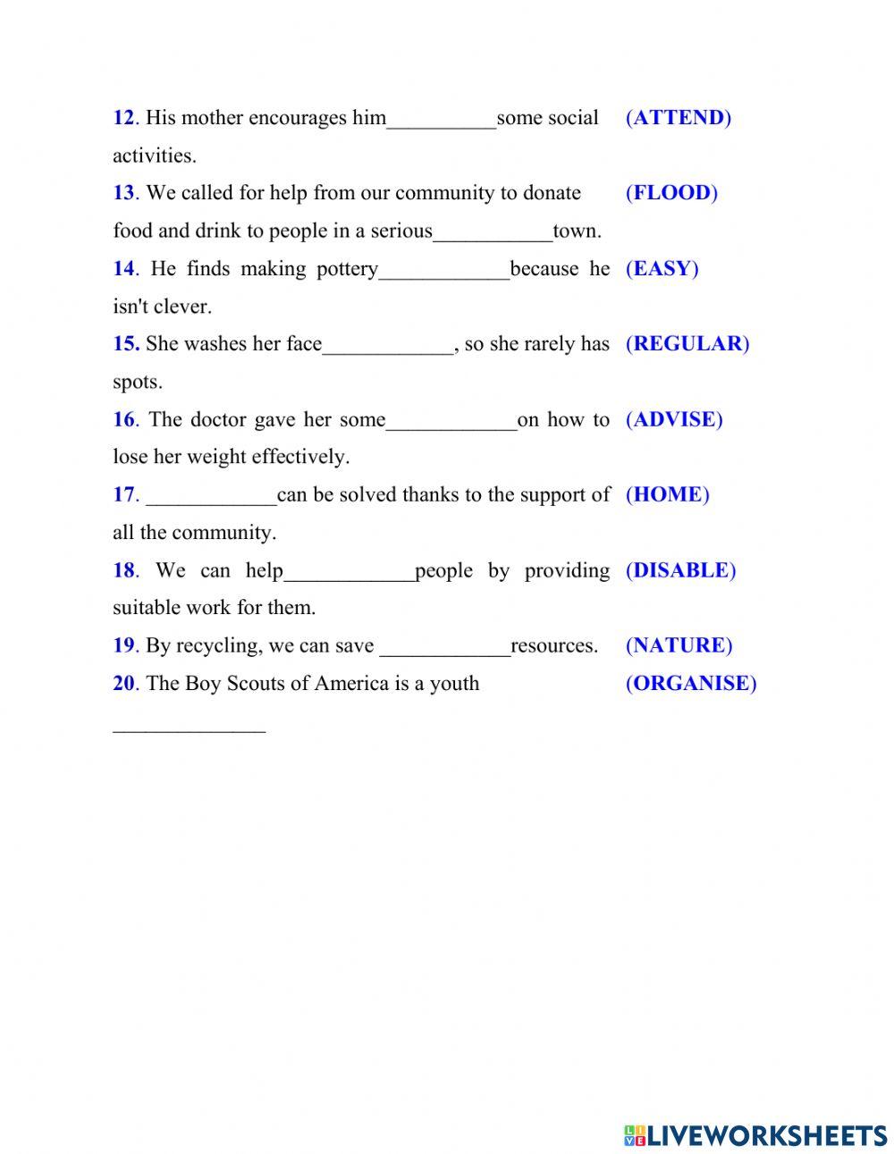 TA 7 WORD FORM Unit 3 worksheet | Live Worksheets