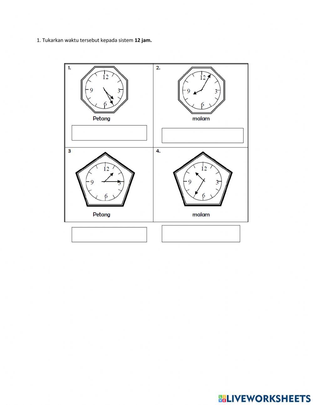 Sistem 24 jam dan sistem 12 jam worksheet | Live Worksheets