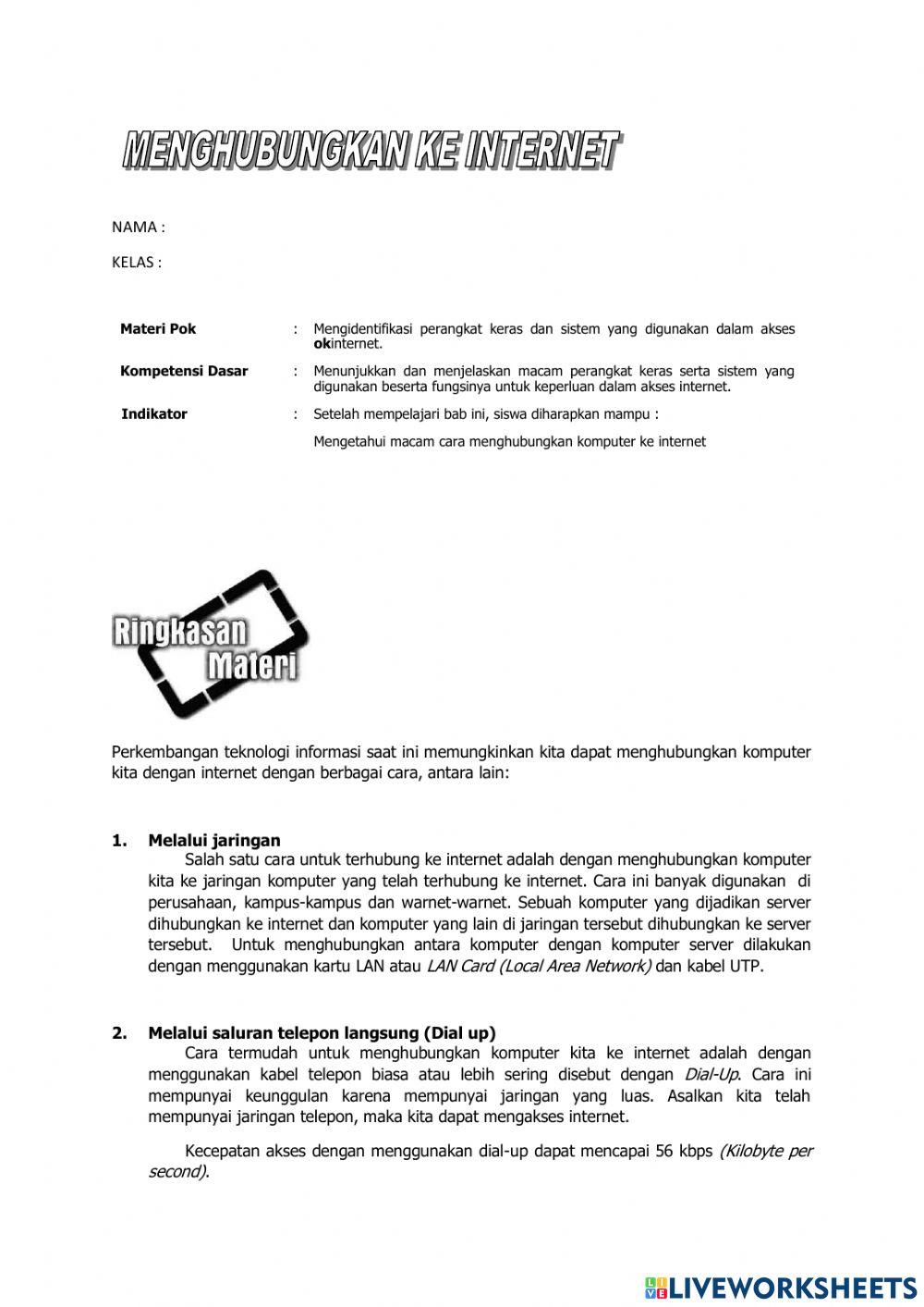 Menghubungkan ke Internet worksheet | Live Worksheets