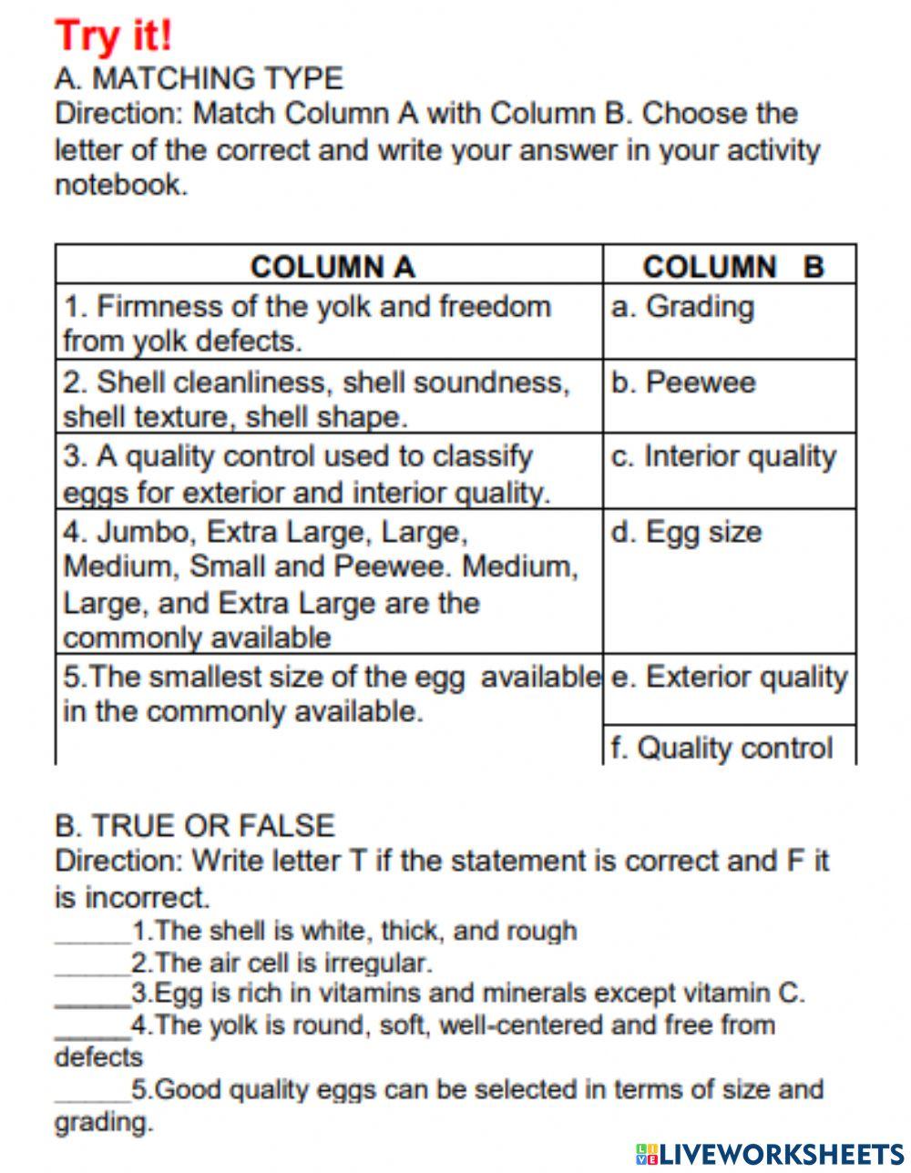 Cookery 9 Activity 1 online exercise for | Live Worksheets