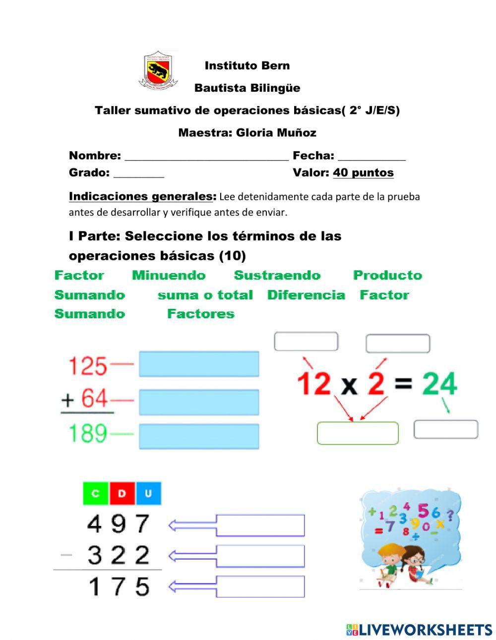 Taller sumativo-Operaciones básicas online exercise for | Live Worksheets Taller sumativo-Operaciones básicas online exercise for | Live Worksheets