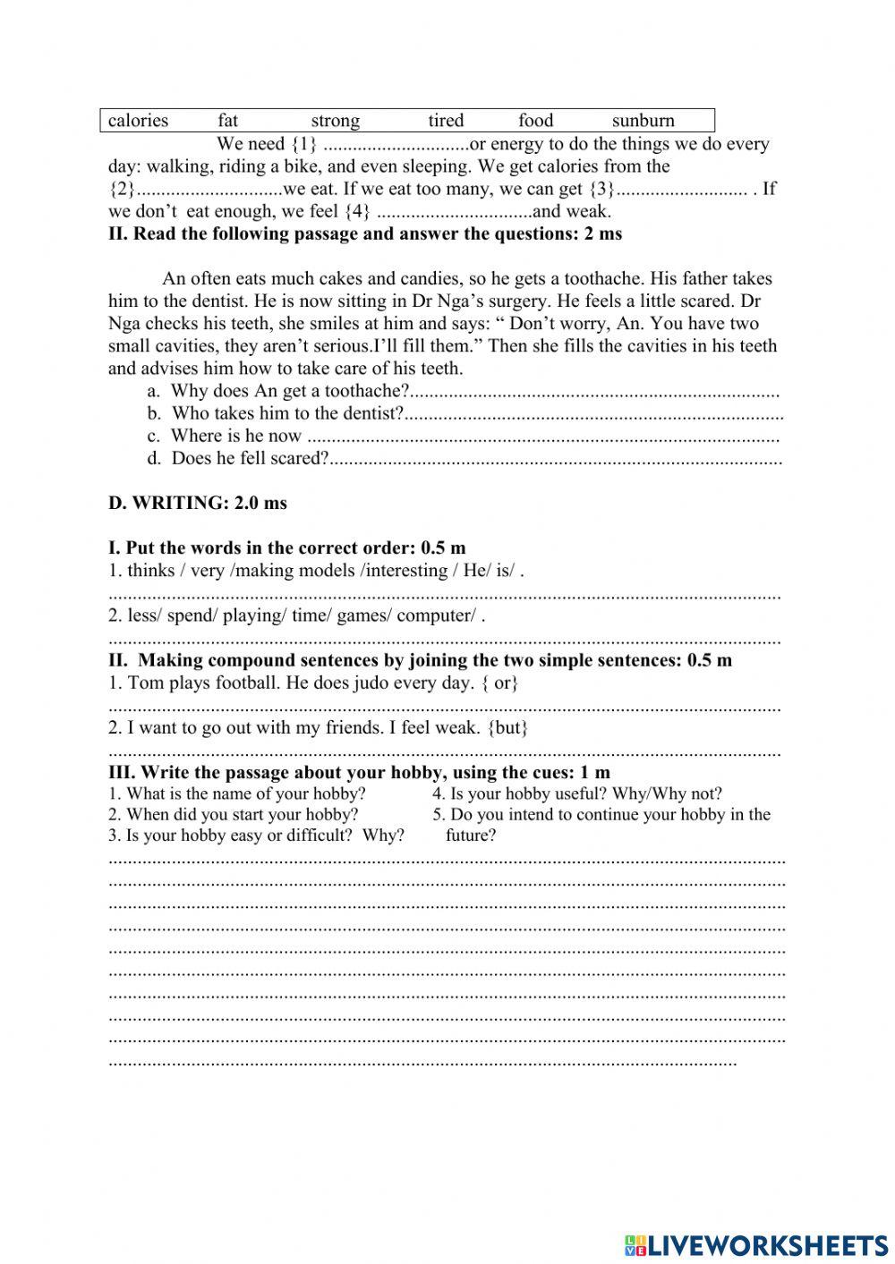 TEST AFTER UNITT 2 ANH 7 online exercise for | Live Worksheets
