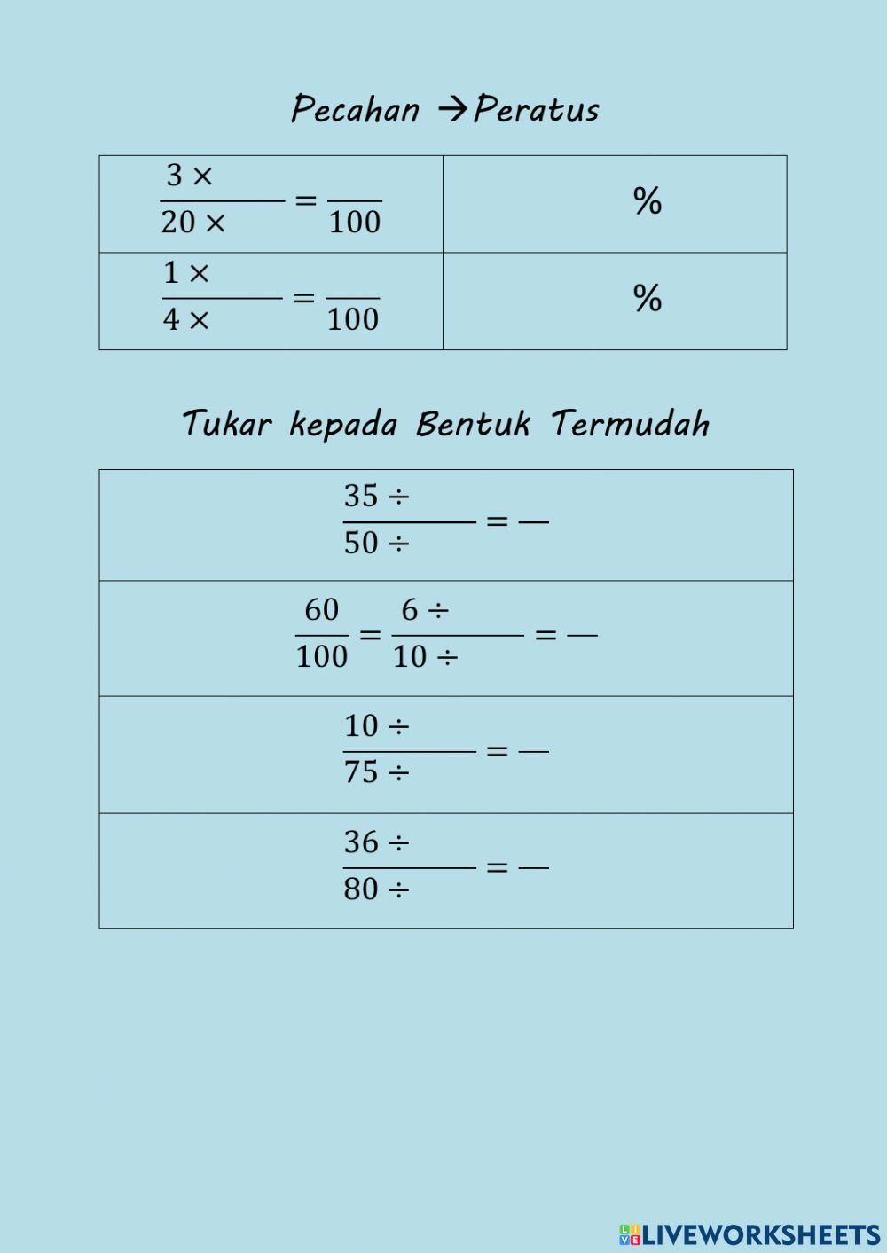 Peratusan worksheet | Live Worksheets