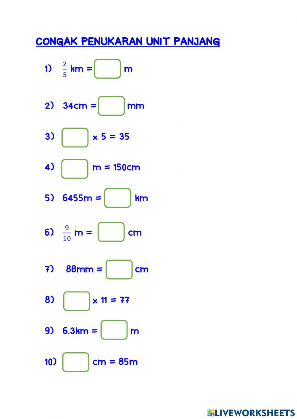Penukaran unit panjang interactive worksheet | Live Worksheets