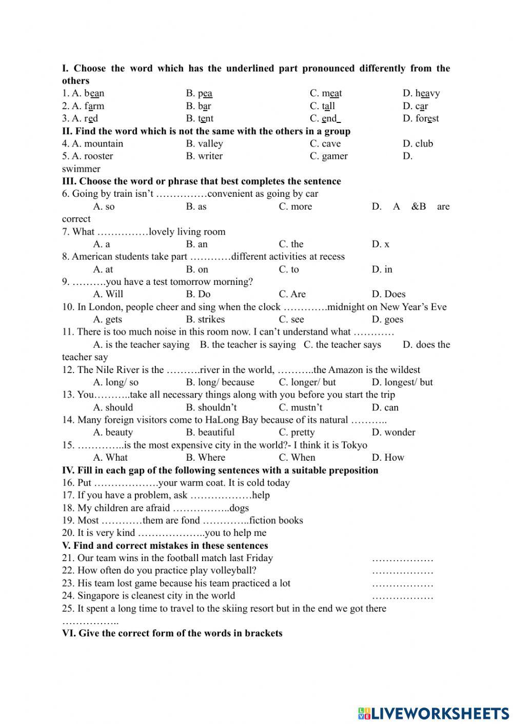 English test online exercise for 5 | Live Worksheets
