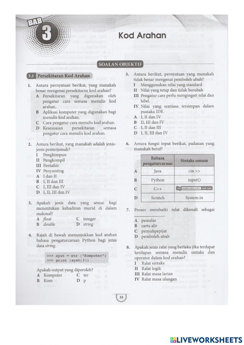 Latihan objektif kod arahan worksheet | Live Worksheets