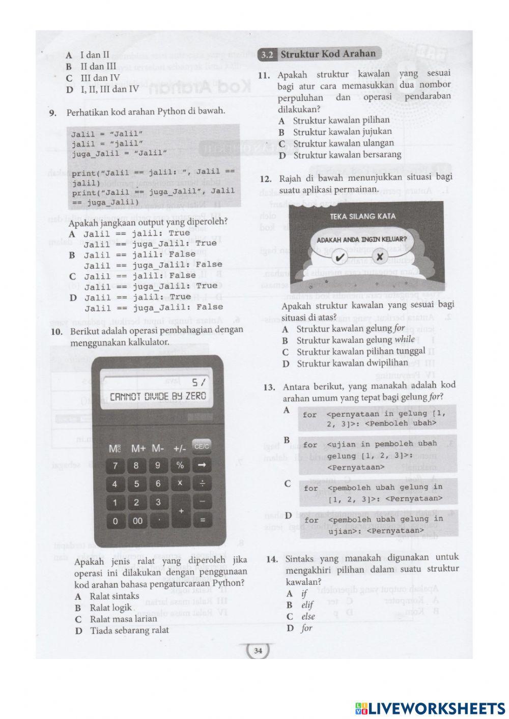 Latihan objektif kod arahan worksheet | Live Worksheets