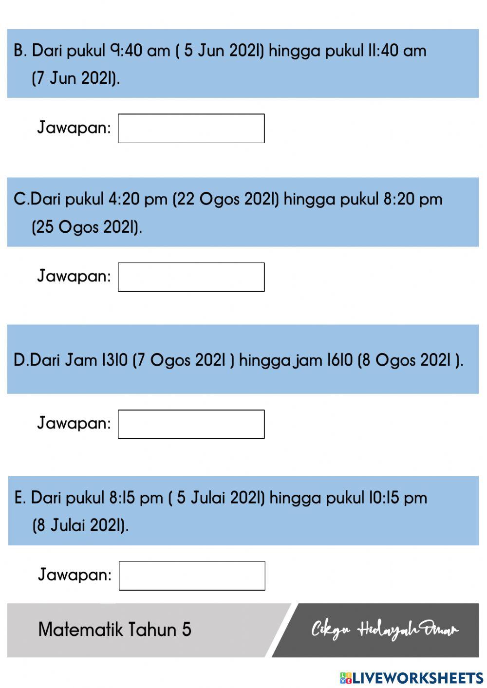 Tempoh masa online activity for TAHUN 5 | Live Worksheets