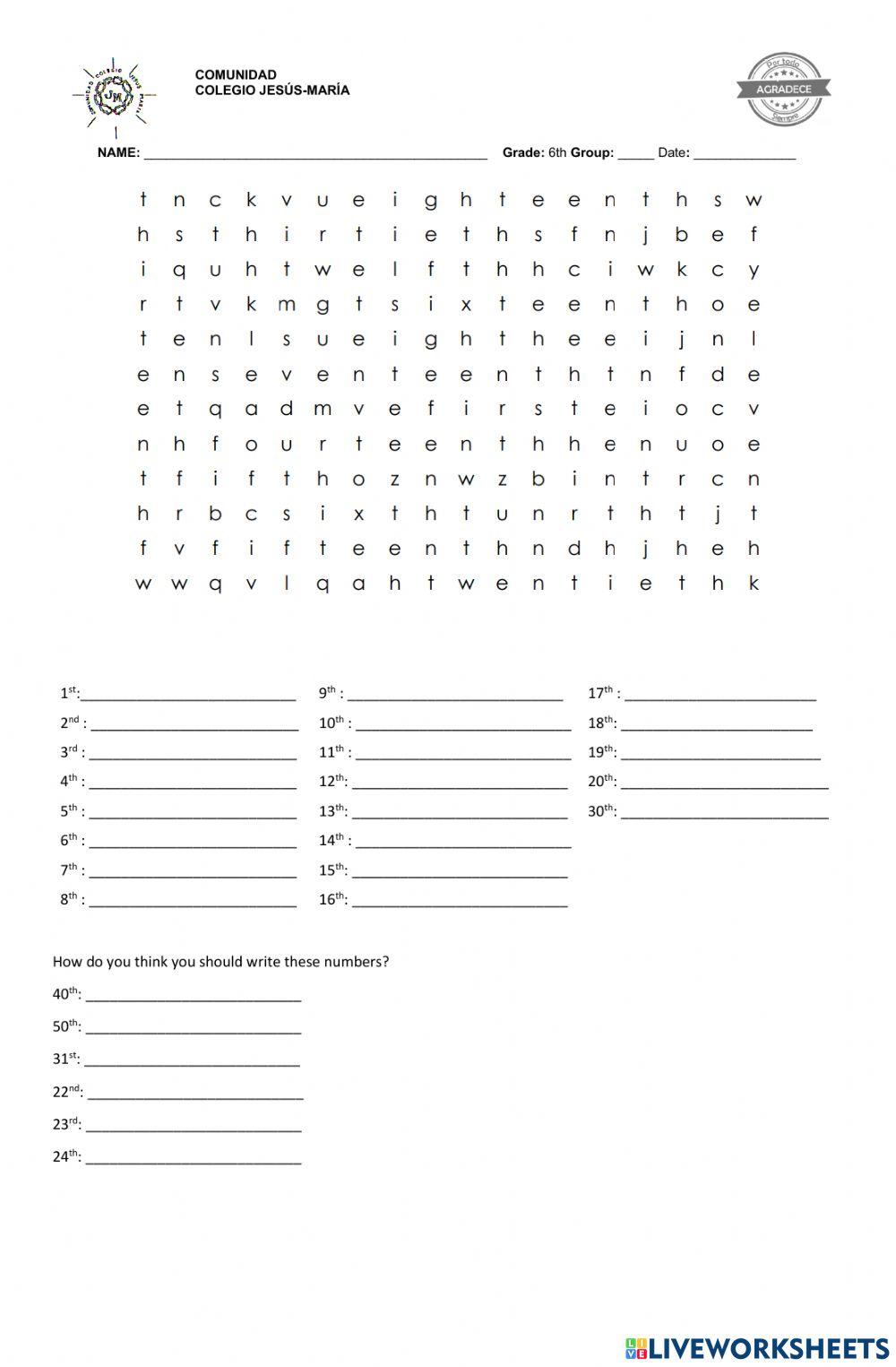 Ordinal numbers online exercise for 6th | Live Worksheets