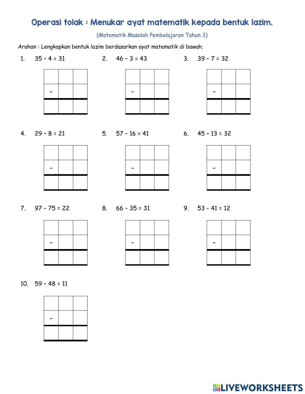 Operasi tolak online exercise for PPKI TAHUN 3 | Live Worksheets
