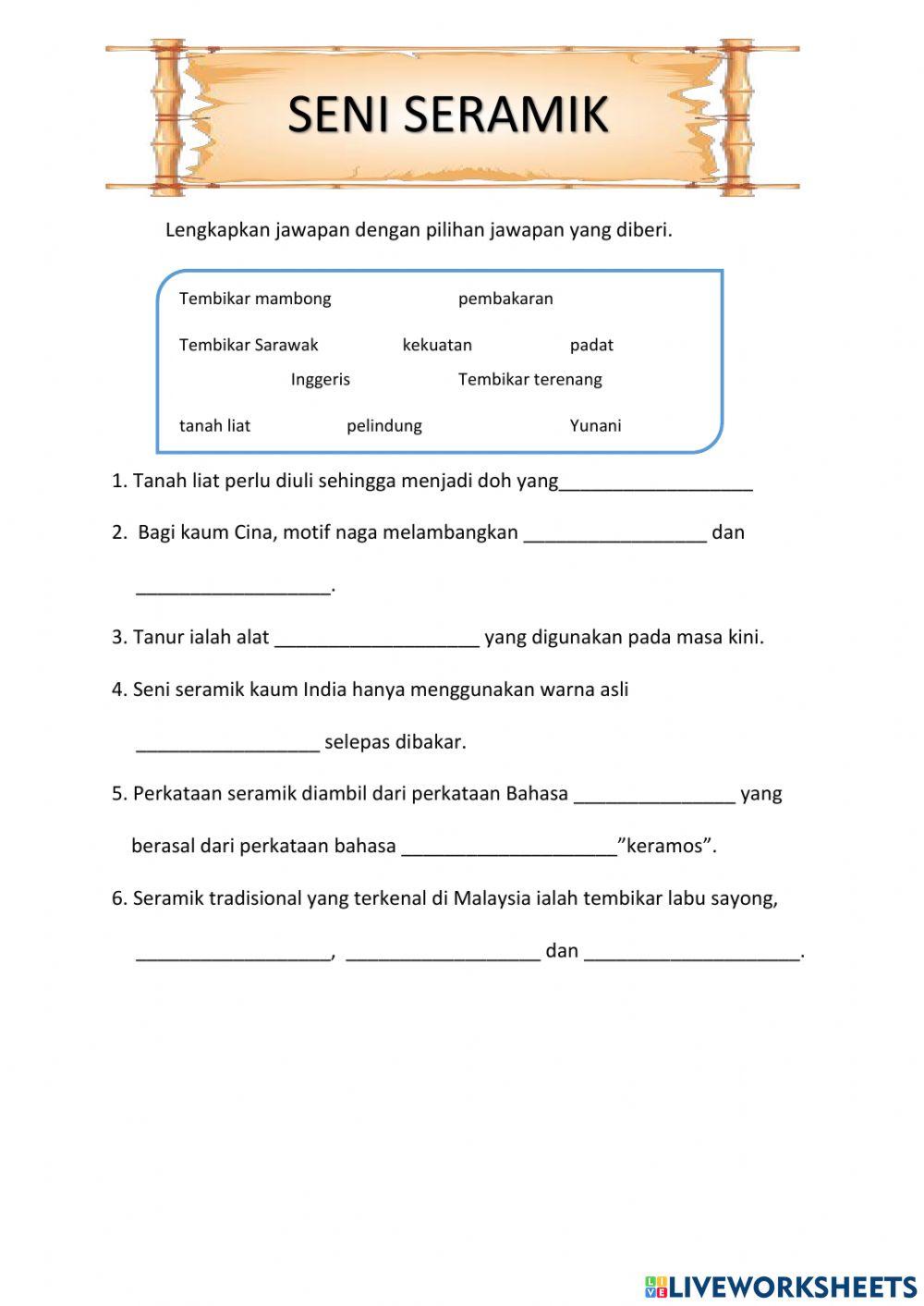 Tajuk 9 : seni seramik worksheet | Live Worksheets
