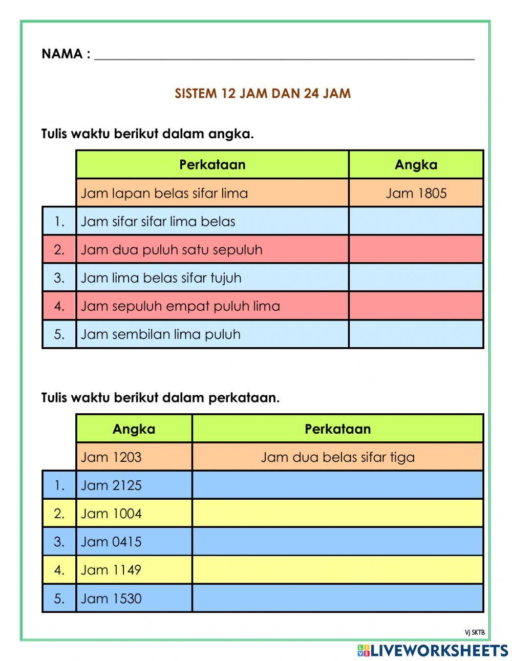 sistem 12 jam dan 24 jam online exercise for | Live Worksheets