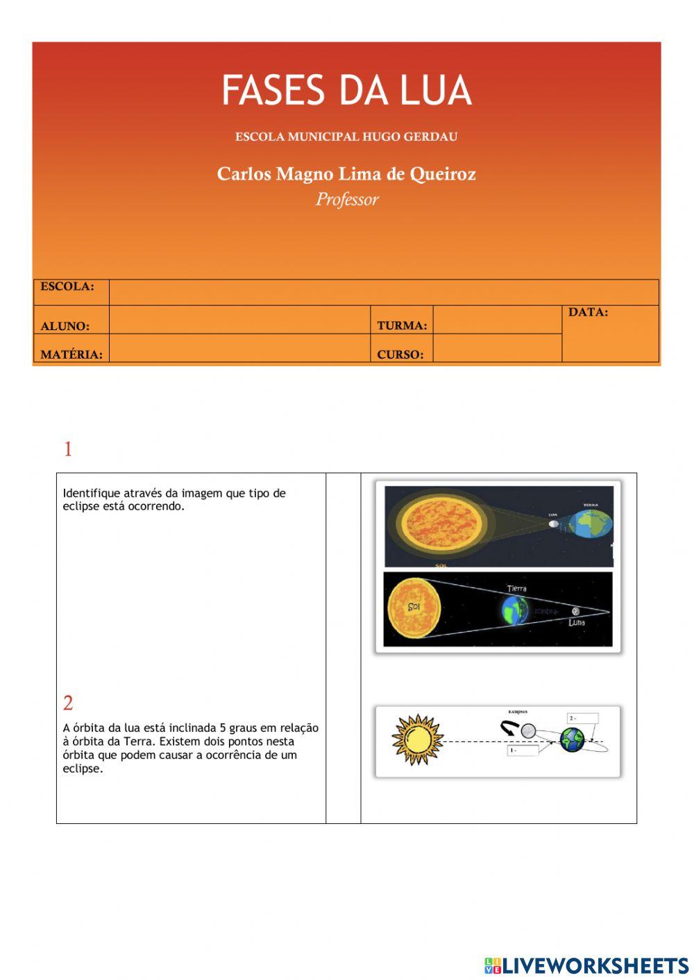 Fases da lua e movimentos da terra worksheet | Live Worksheets