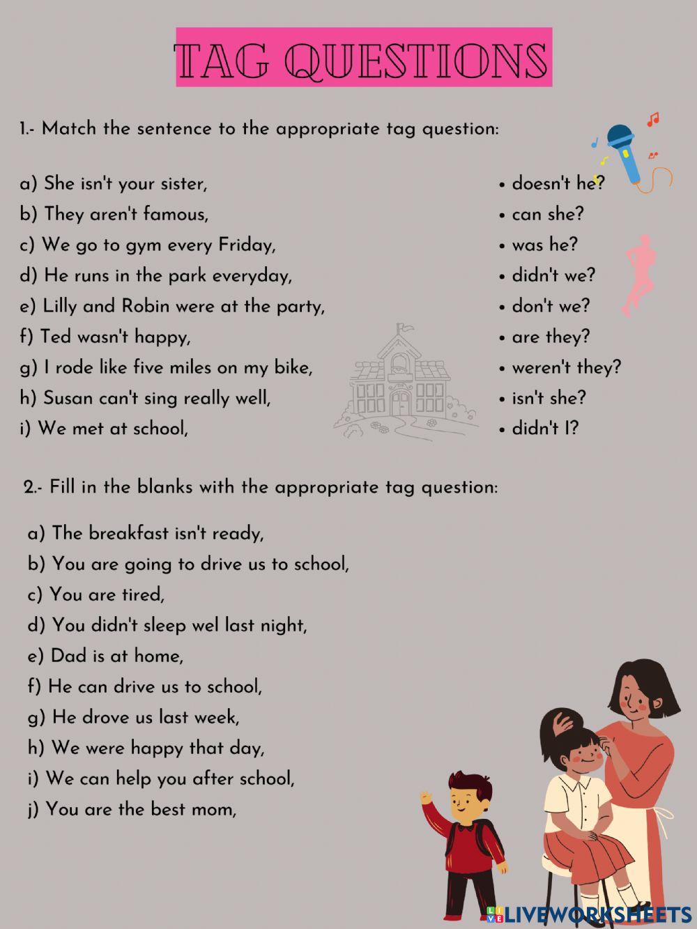 Tag questions interactive worksheet for pre intermediate | Live Worksheets