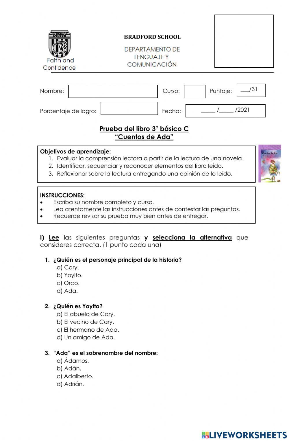 Prueba del libro -Cuentos de Ada- online exercise for | Live Worksheets