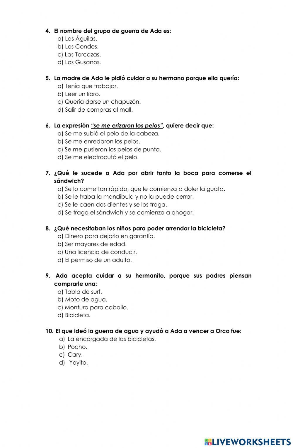 Prueba del libro -Cuentos de Ada- online exercise for | Live Worksheets