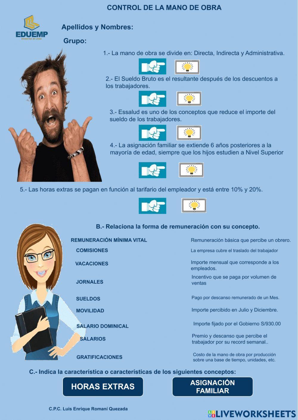 Mano de obra | Free Interactive Worksheets | 1314499