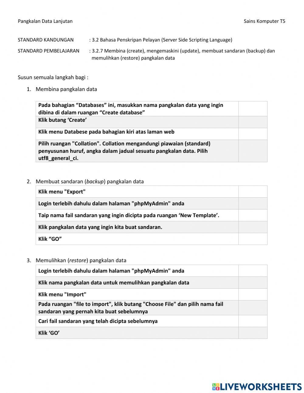 3.2.7 Bina, Kemaskini, Sandaran & Memulihkan Pangkalan Data worksheet | Live Worksheets