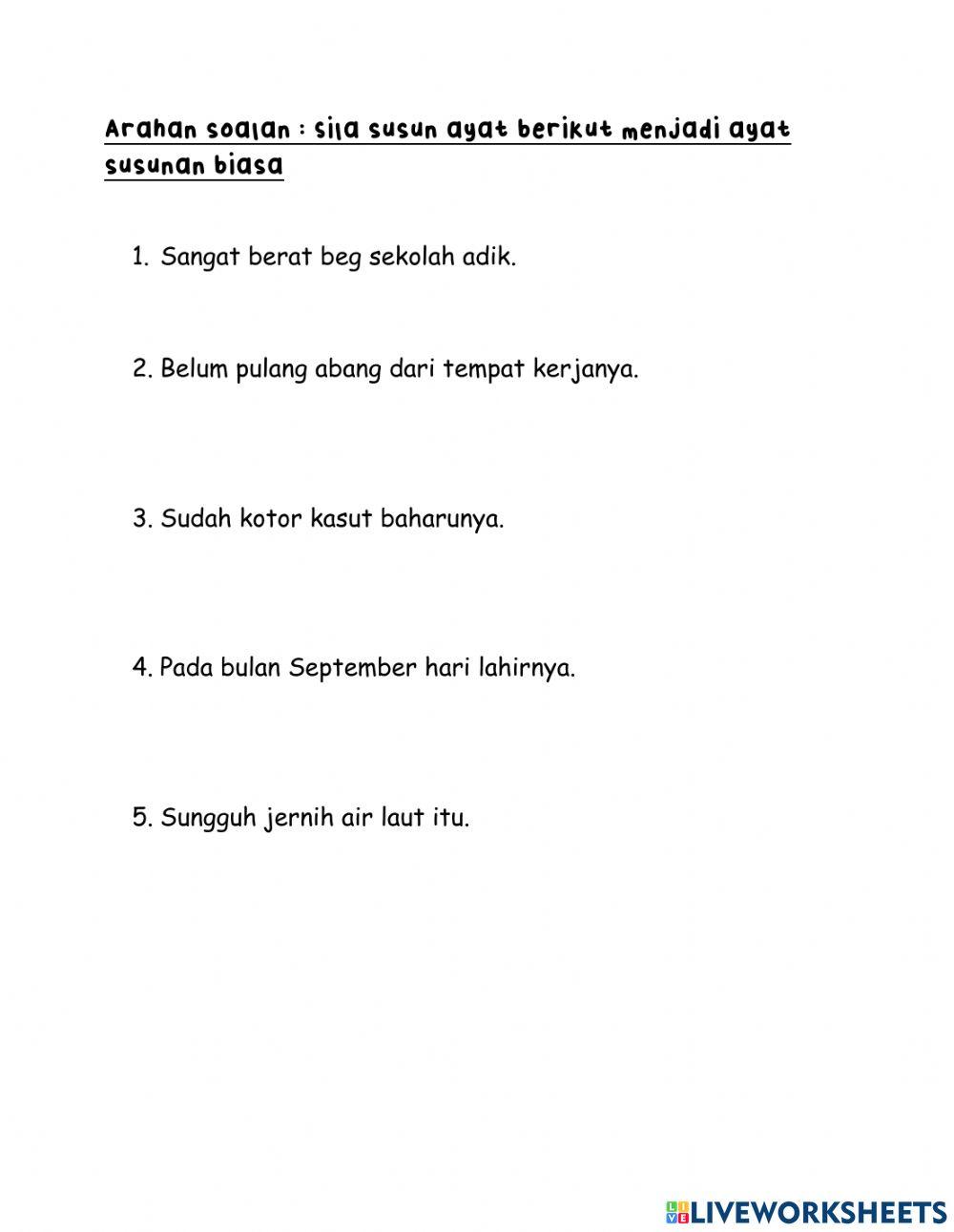 Ayat susunan biasa dan songsang worksheet | Live Worksheets