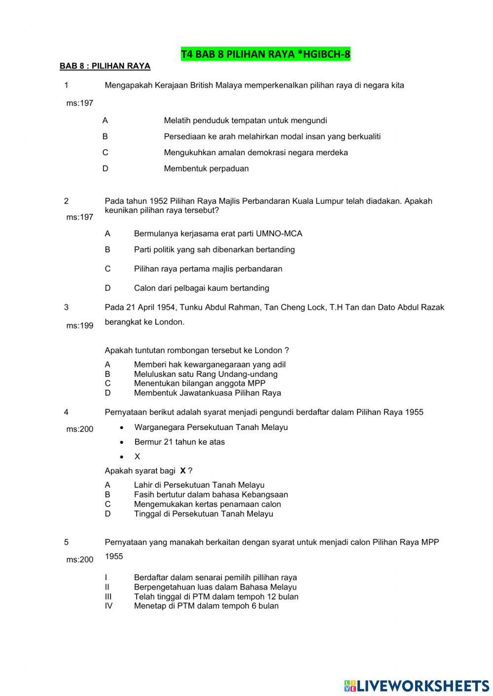 T4 BAB 8 PILIHAN RAYA online exercise for | Live Worksheets