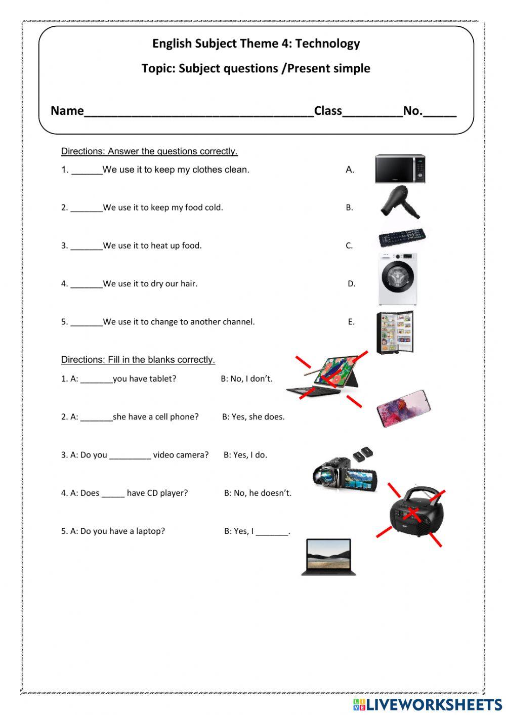 Unit4 Technology : Subject Question-Present Simple Tense online exercise for | Live Worksheets