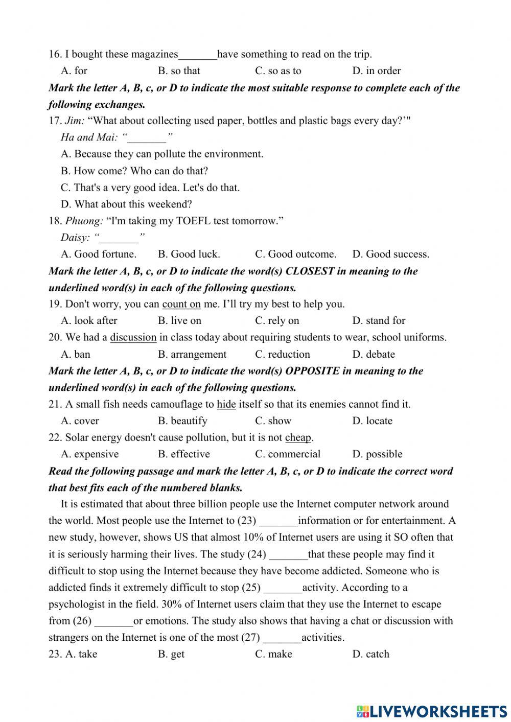 Test 1 online exercise for Grade 9 | Live Worksheets