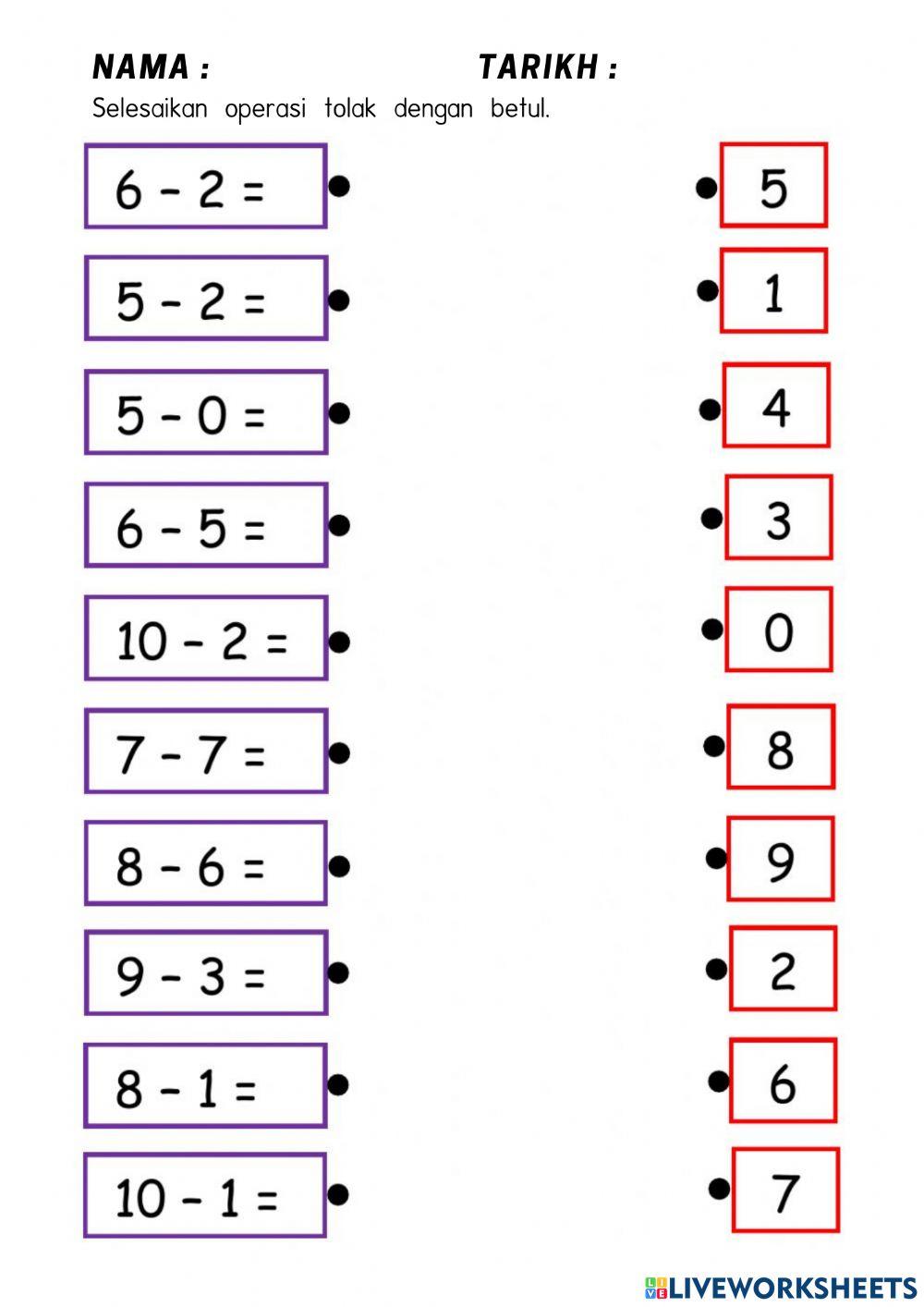 Operasi Tolak online exercise for Prasekolah | Live Worksheets