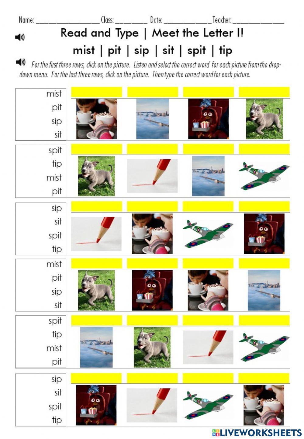 Read and Type - Meet the Letter I - Words: mist - pit - sip - sit ...