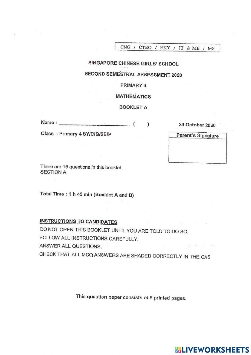 SCGS-Exam-SA2-2020 worksheet | Live Worksheets