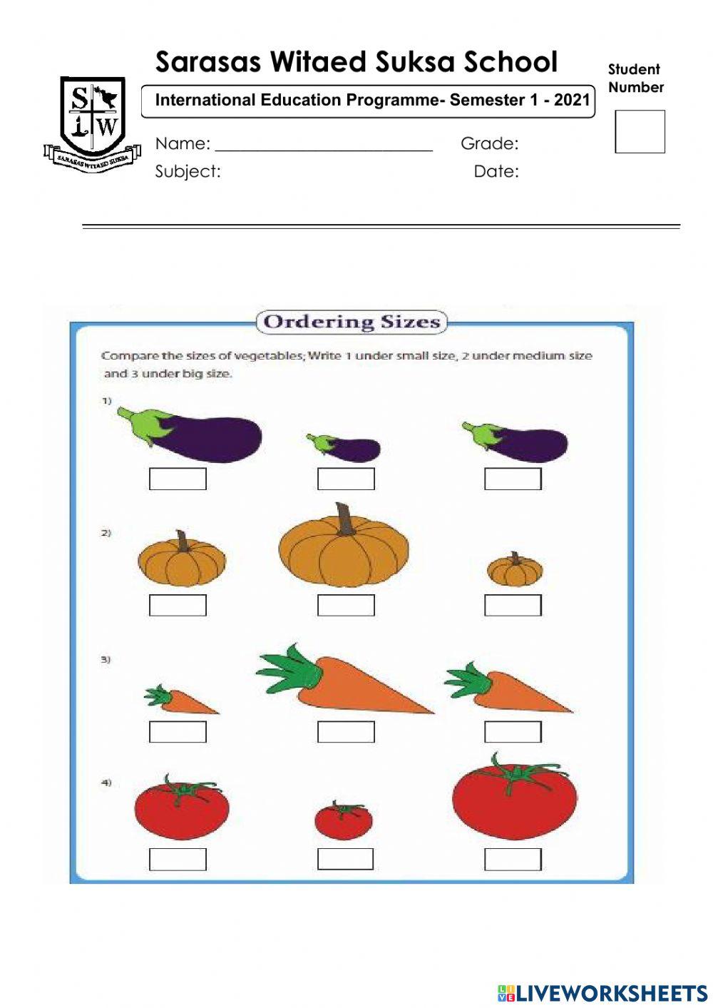 Ordedering size interactive worksheet | Live Worksheets