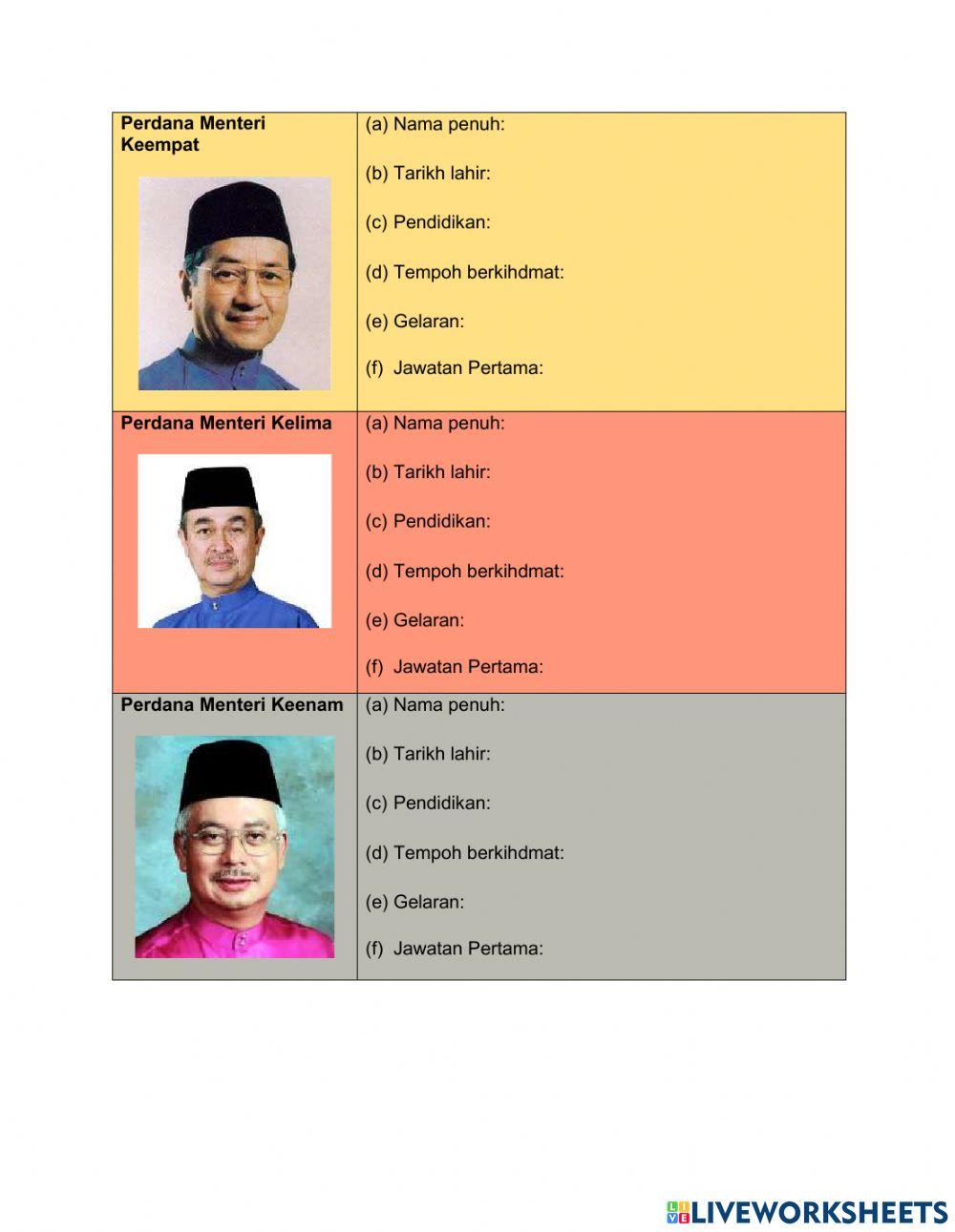 Biodata Perdana Menteri interactive worksheet | Live Worksheets