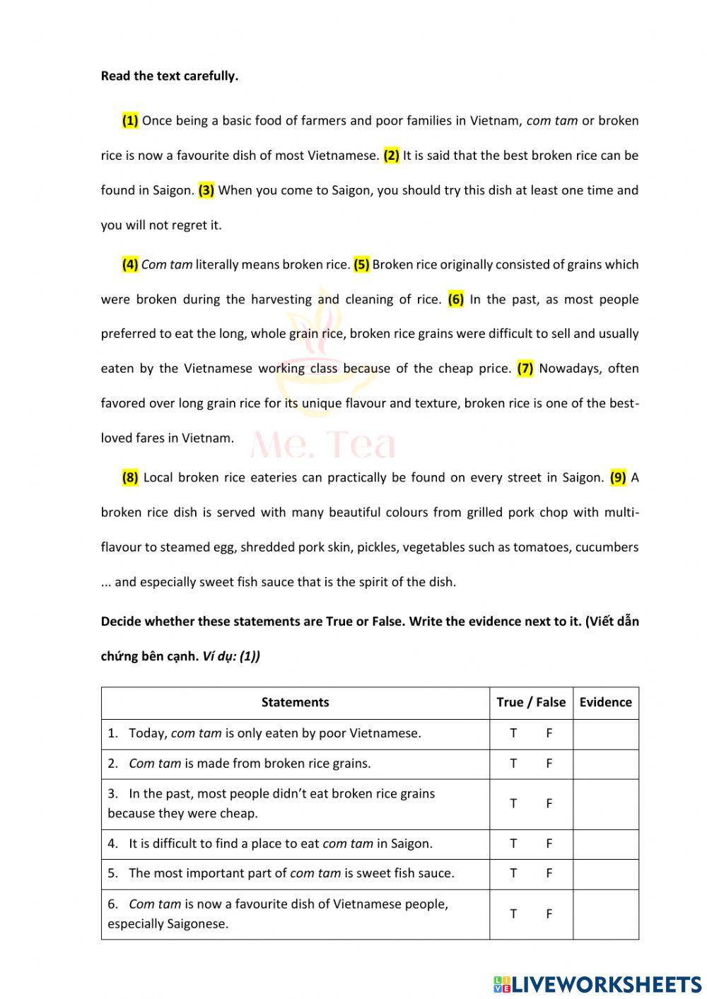 Com Tam worksheet | Live Worksheets
