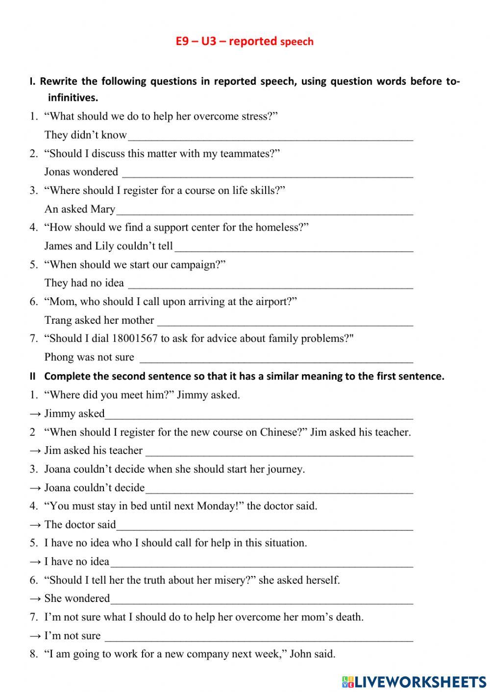 Reported speech online exercise for 9 | Live Worksheets