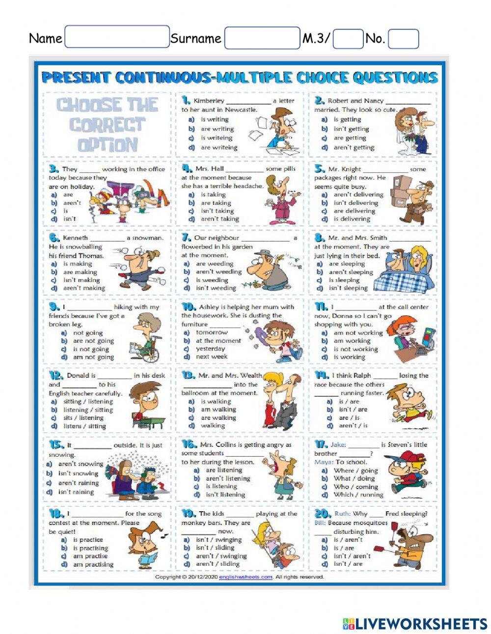 Multiple choice : Present Continuous M3 ใบงานแบบตัวเลือก